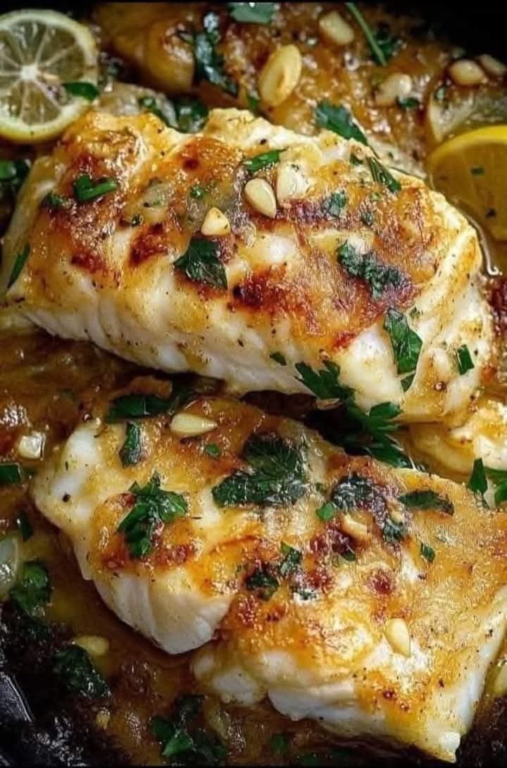 Lemon-Garlic Baked Cod with Pine Nuts and Parsley - Delicious Bites